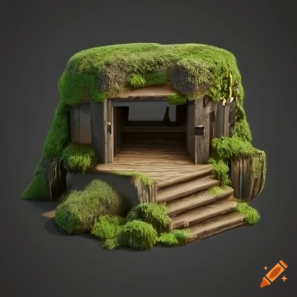 Realistic isometric view of a mossy bunker in the forest on Craiyon