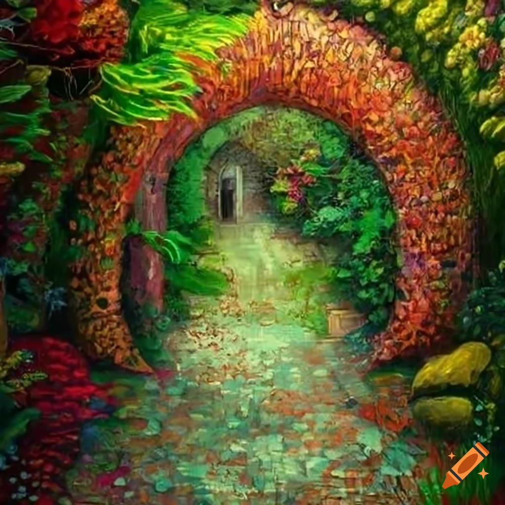 Dreamlike garden with colorful plants and a mysterious door on Craiyon
