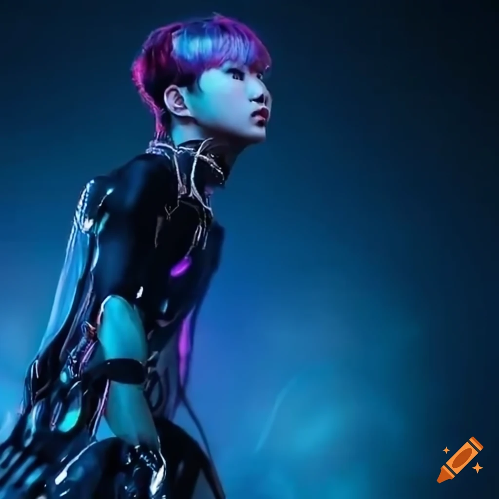 Futuristic android boy dancing to kpop music