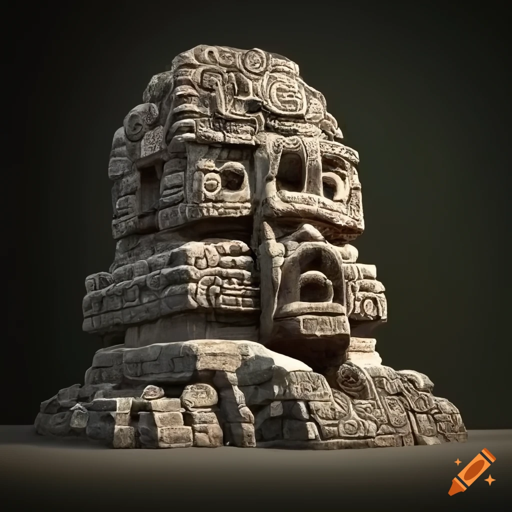 Detailed stone tree with Mayan hieroglyphs and symbols on Craiyon