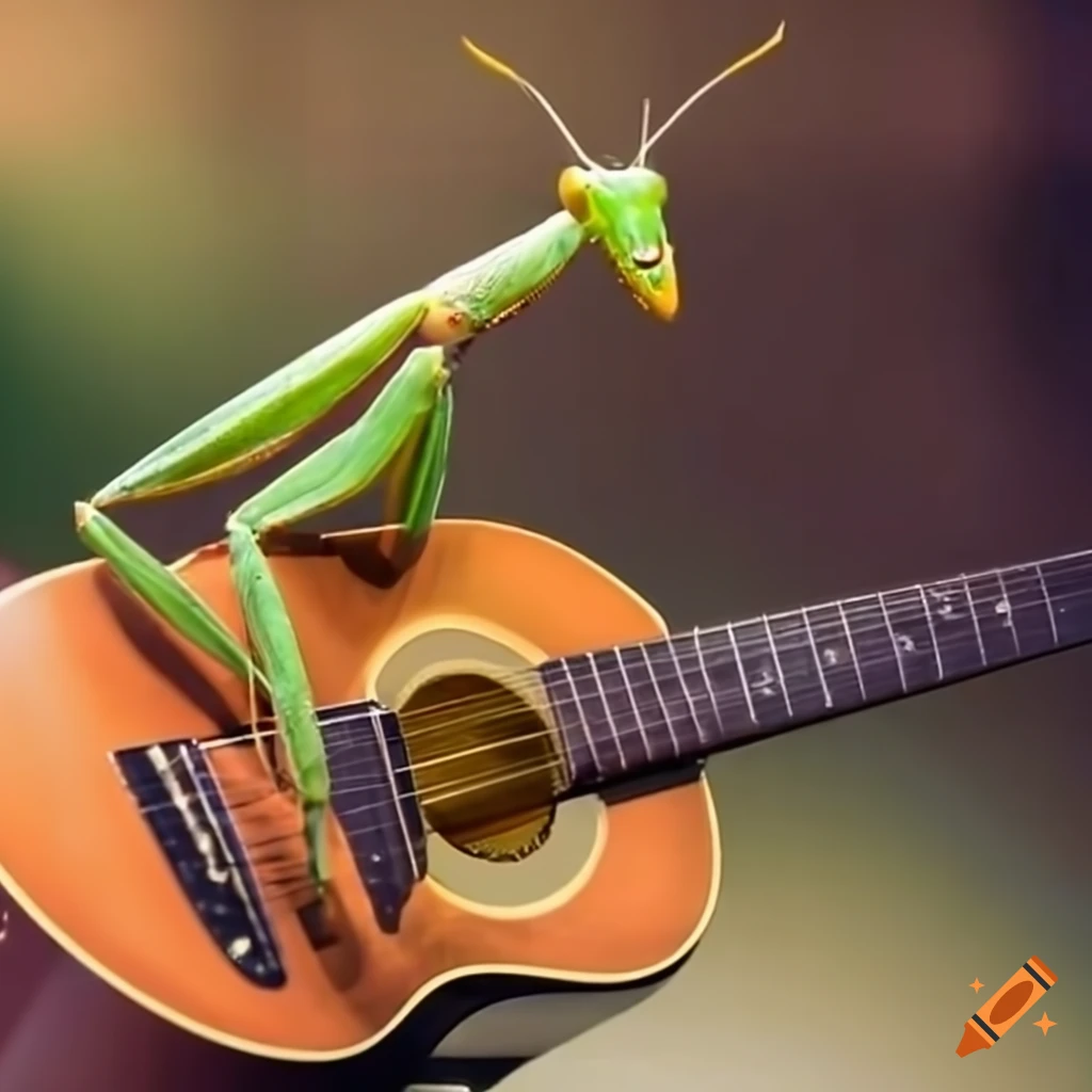 Funny image of a praying mantis playing guitar on Craiyon