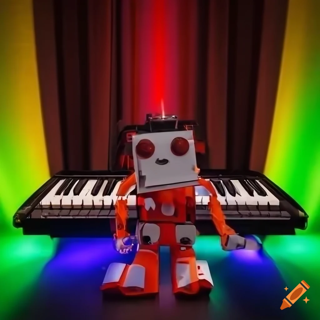 Closeup of a deformed robot playing a synthesizer on Craiyon