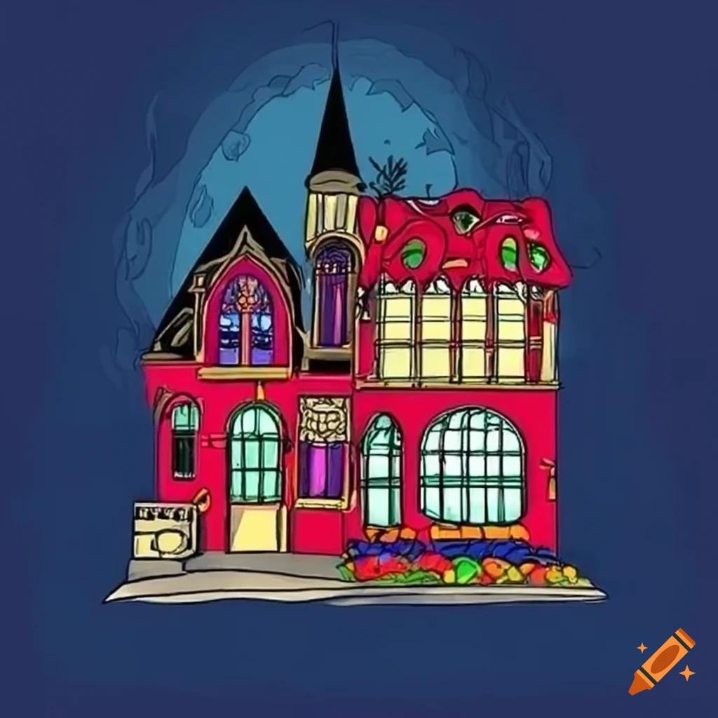 Colorful gothic-modern house drawing