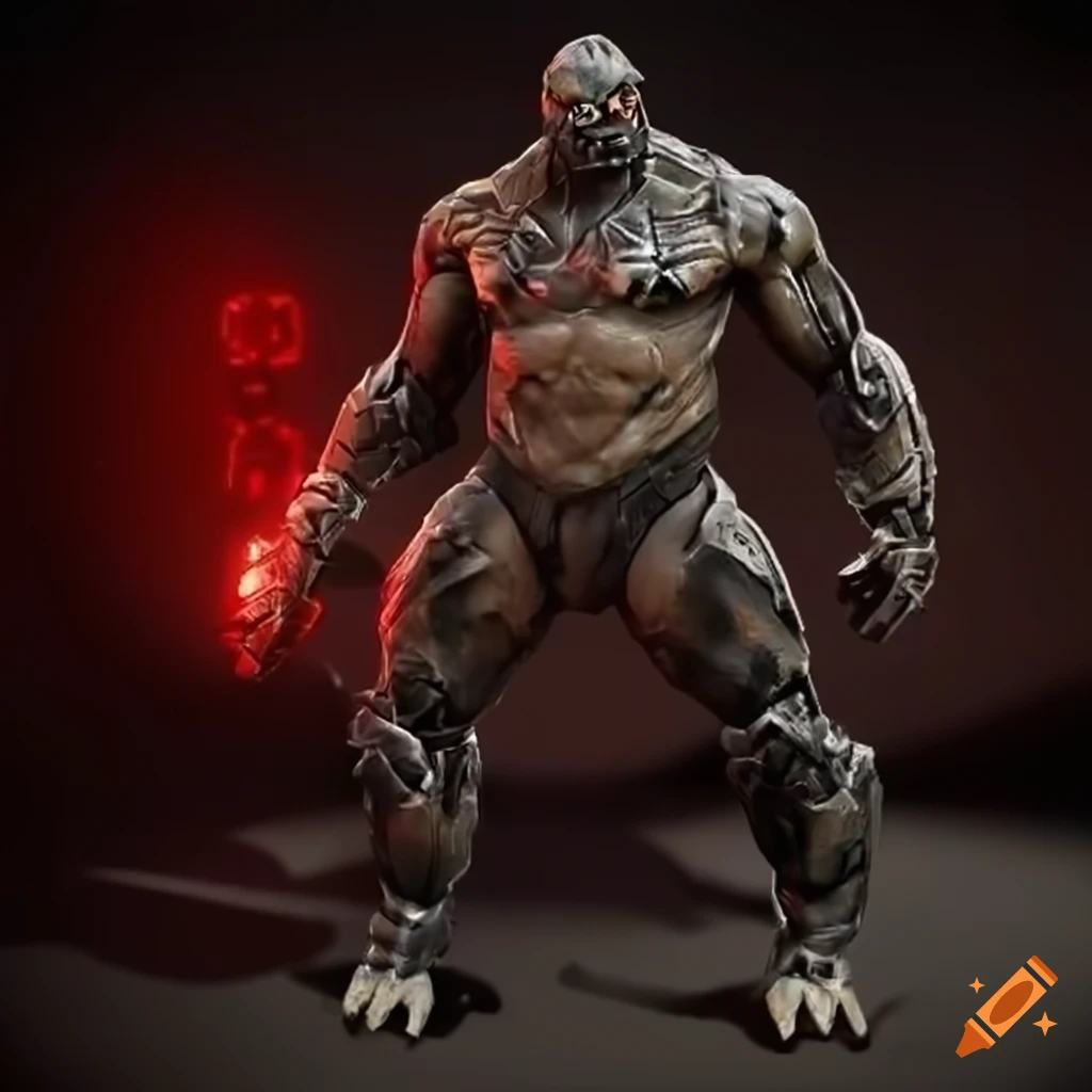 Sci-fi cyborg golem with red glowing crystals on Craiyon