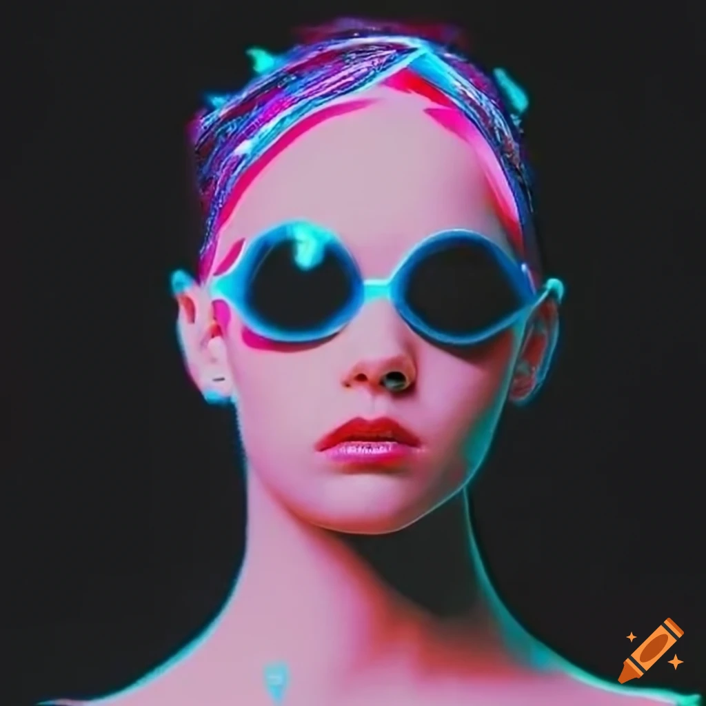 Glitch art of a vogue model with swim goggles on Craiyon