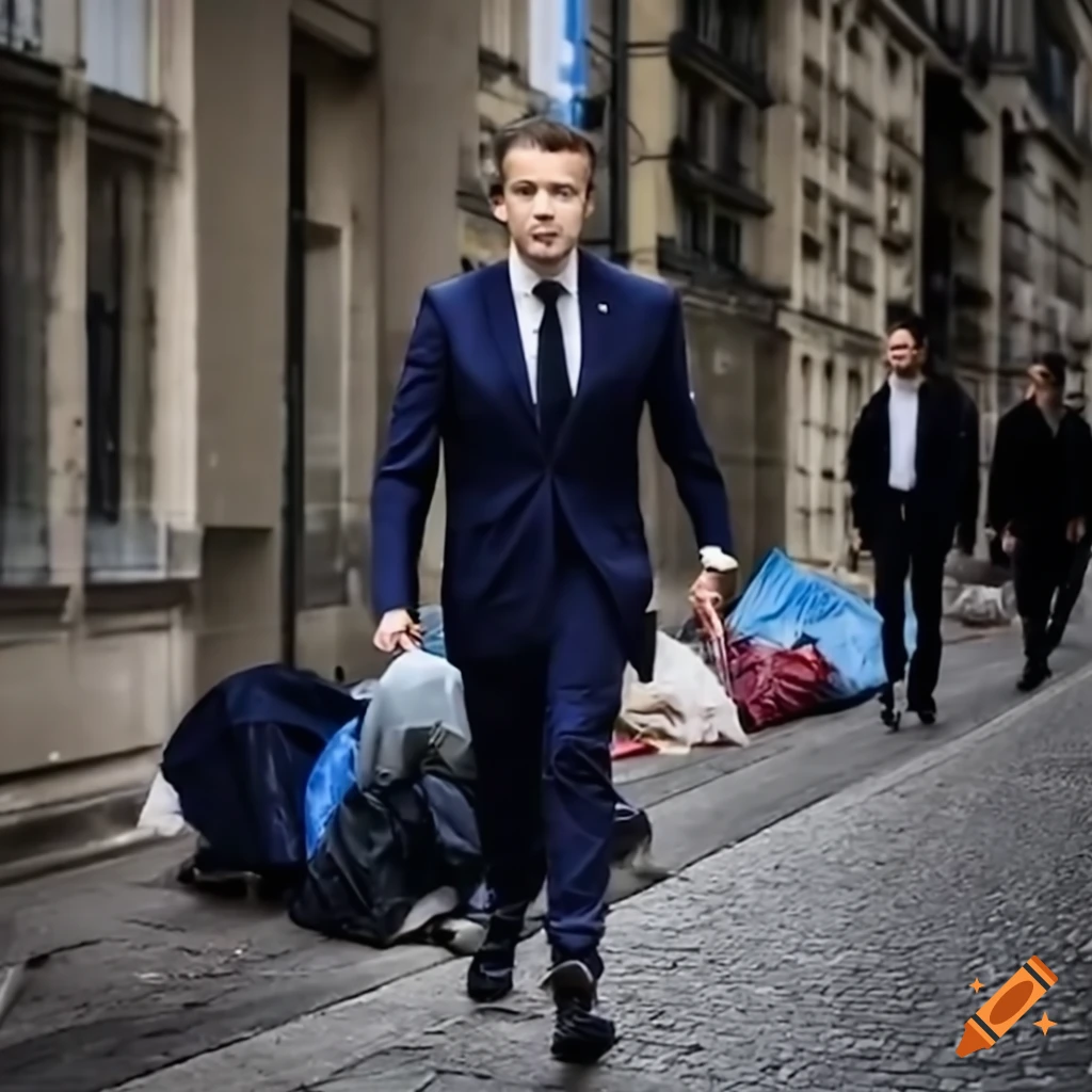 Emmanuel Macron walking in the streets of Paris on Craiyon