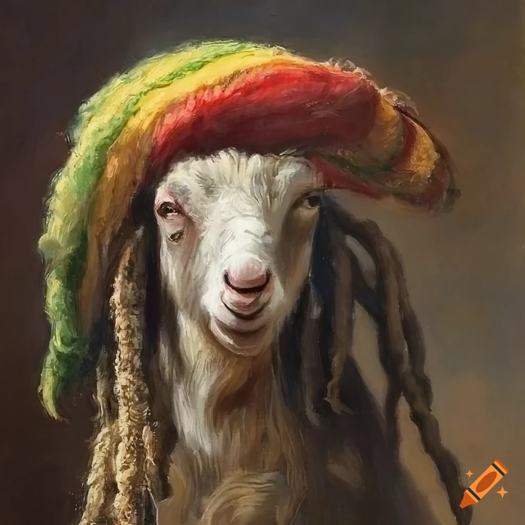 Oil painting of a unique goat with rasta hat on Craiyon