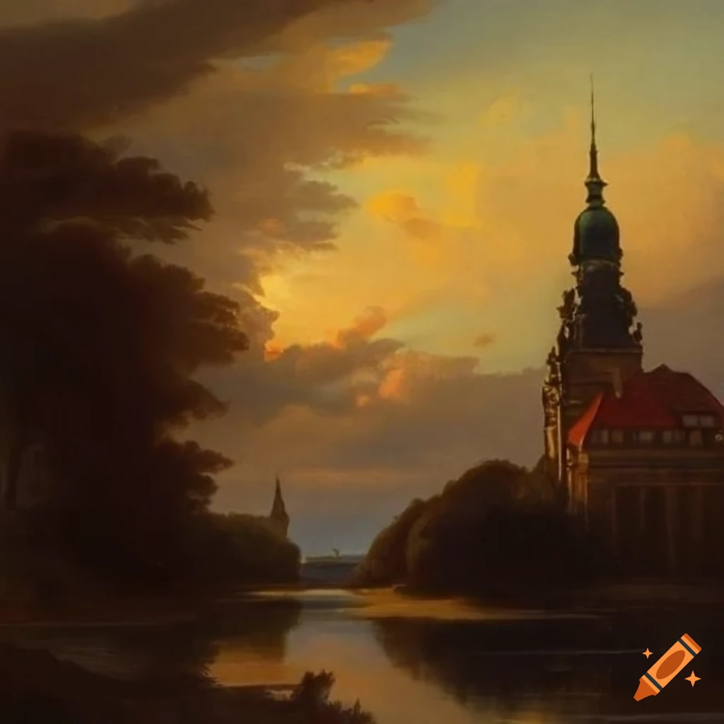 Neoclassical landscape painting with a lovely sky and lanterns on Craiyon