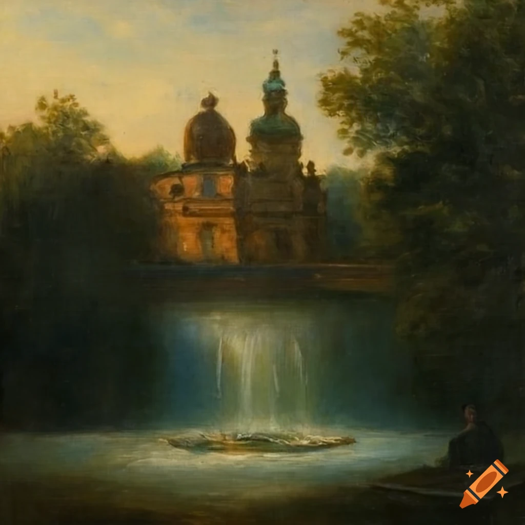 Neoclassical landscape painting with a house and flowing water