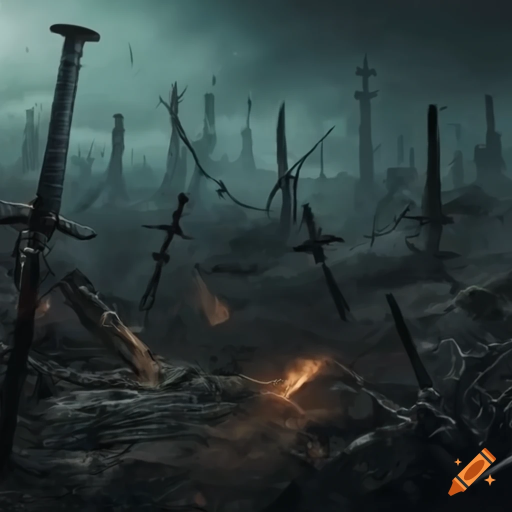 Swords scattered on a desolate battlefield on Craiyon