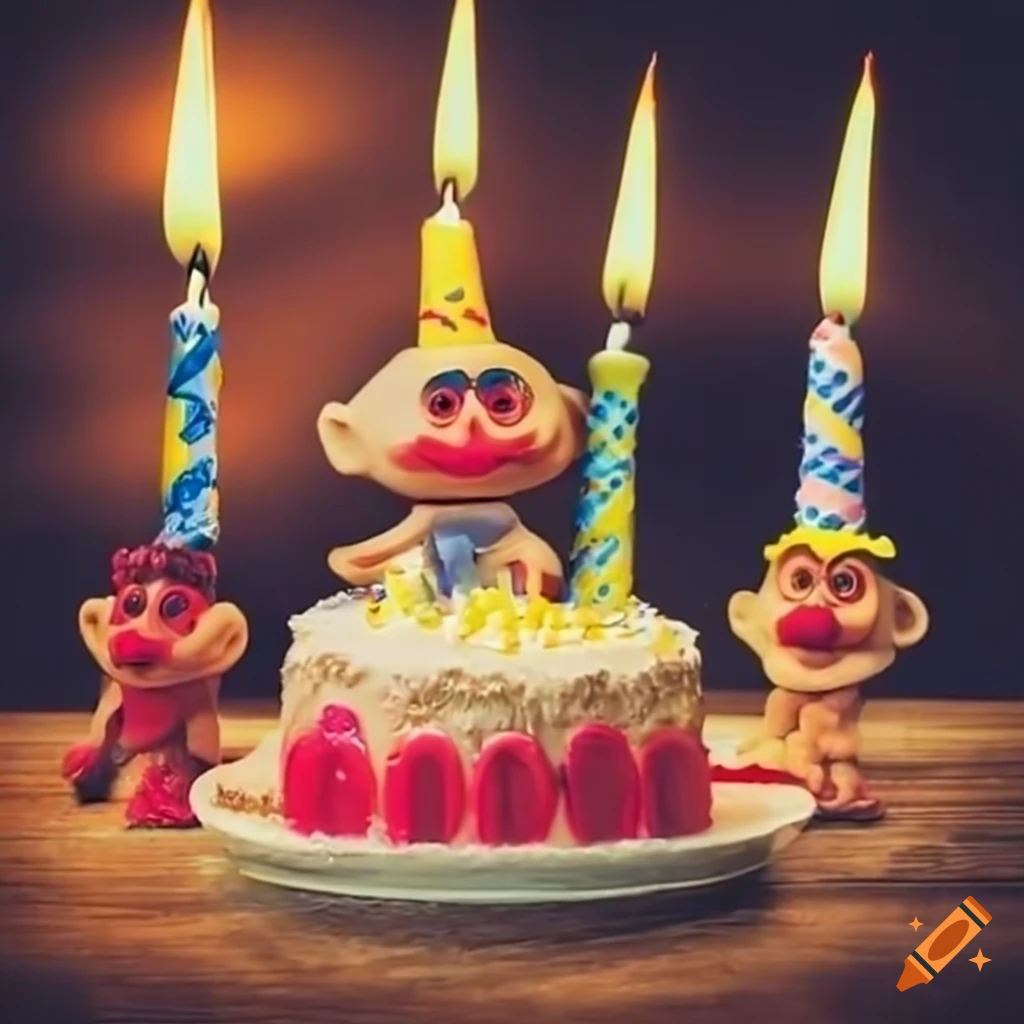 Troll puppets blowing out candles on a birthday cake on Craiyon