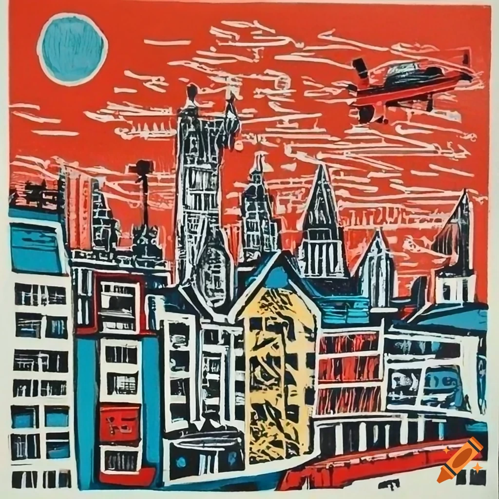 Colorful lino print of a 1950's comic cityscape with flying machines