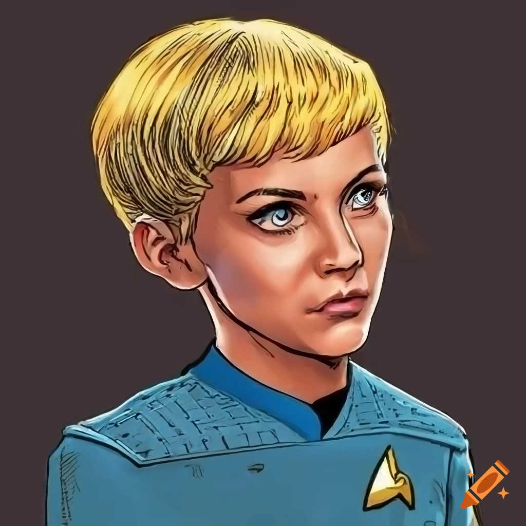 Pulp comic style art of a blonde captain of the starship enterprise
