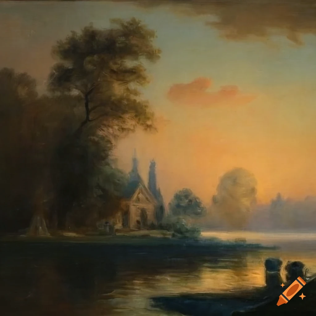Neoclassical landscape painting with a small house and flowing fountain ...
