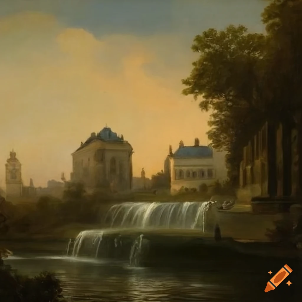 Neoclassical landscape with a white house near a fountain on Craiyon