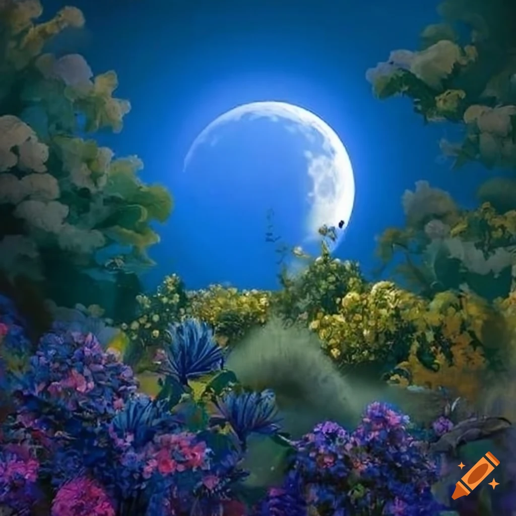 Blue moonlight shining over a garden on Craiyon