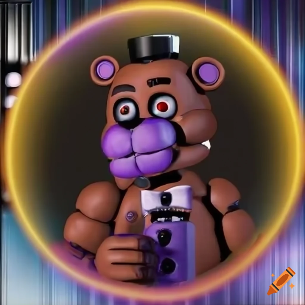 Fisheye lens image of fire freddy fazbear with money spread