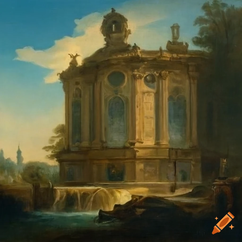 Neoclassical landscape painting with a house and a fountain on Craiyon