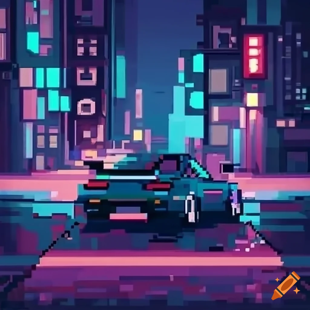 Pixel art of a futuristic city street with a Mazda RX-7 on Craiyon