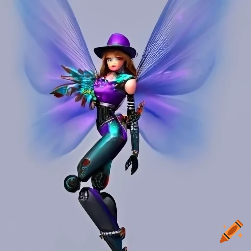 Artwork of a blue battle robot fairy with purple wings