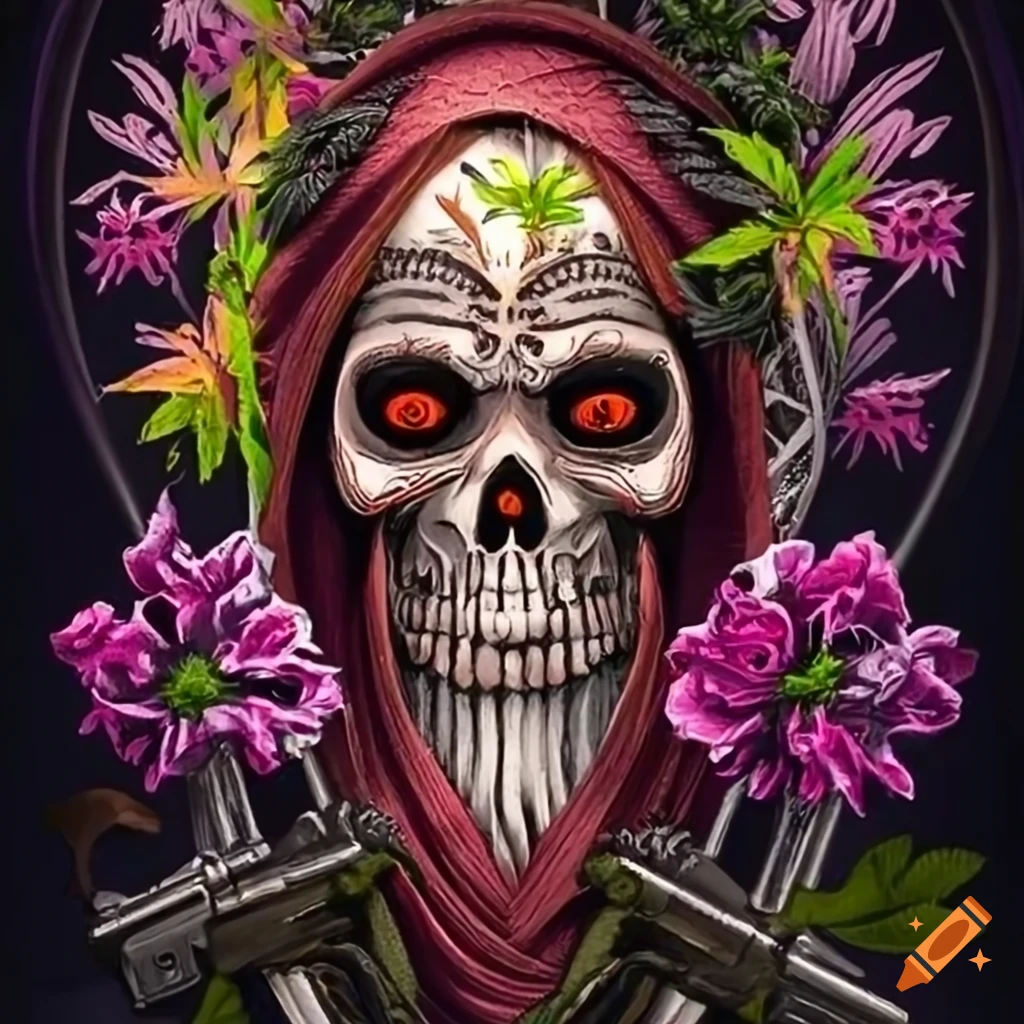 Santa muerte logo with guns, flowers, and marijuana on Craiyon