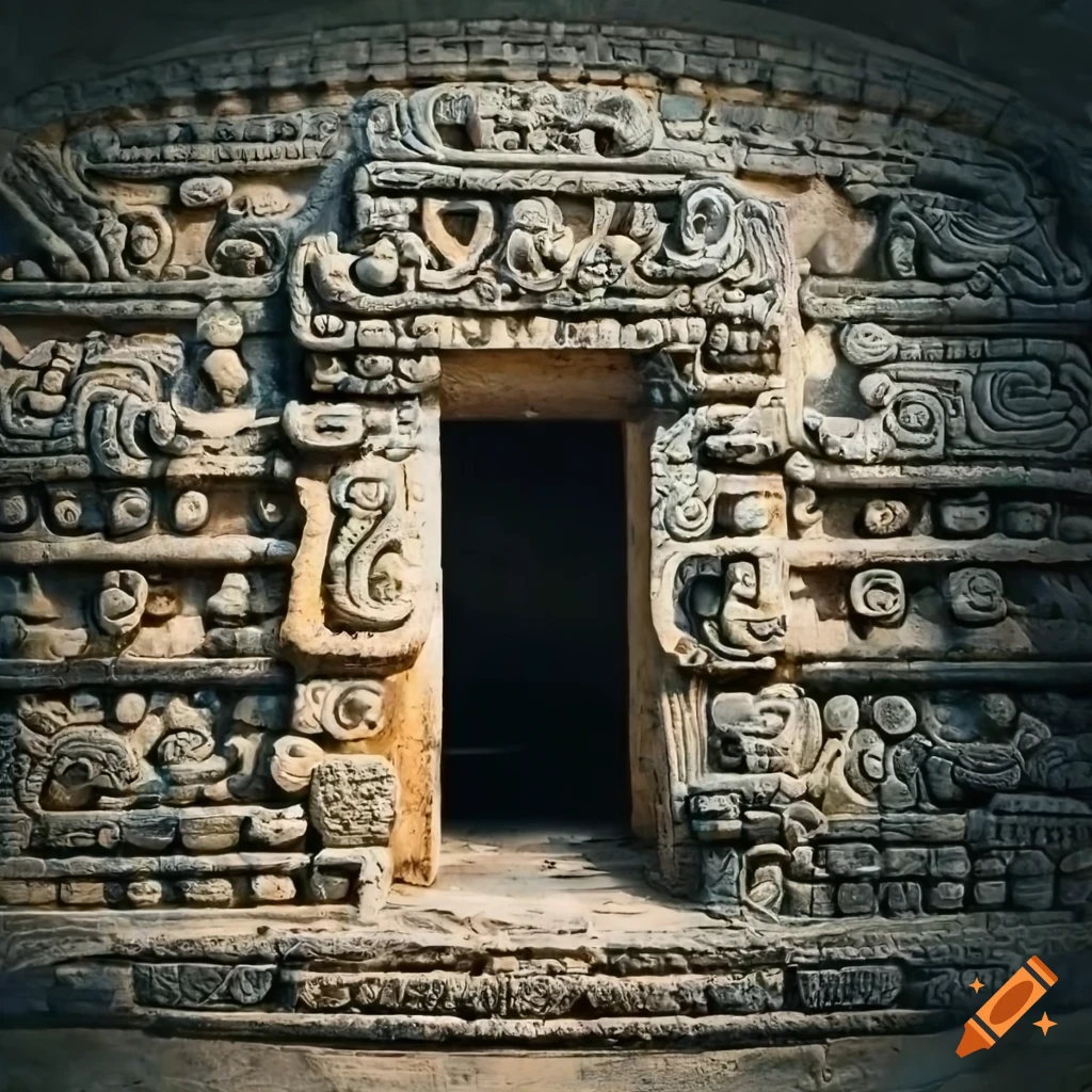 Intricate stone Mayan temple door with dinosaur carving on Craiyon