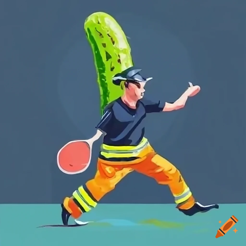 Funny picture of a pickle dressed as a firefighter playing pickleball ...