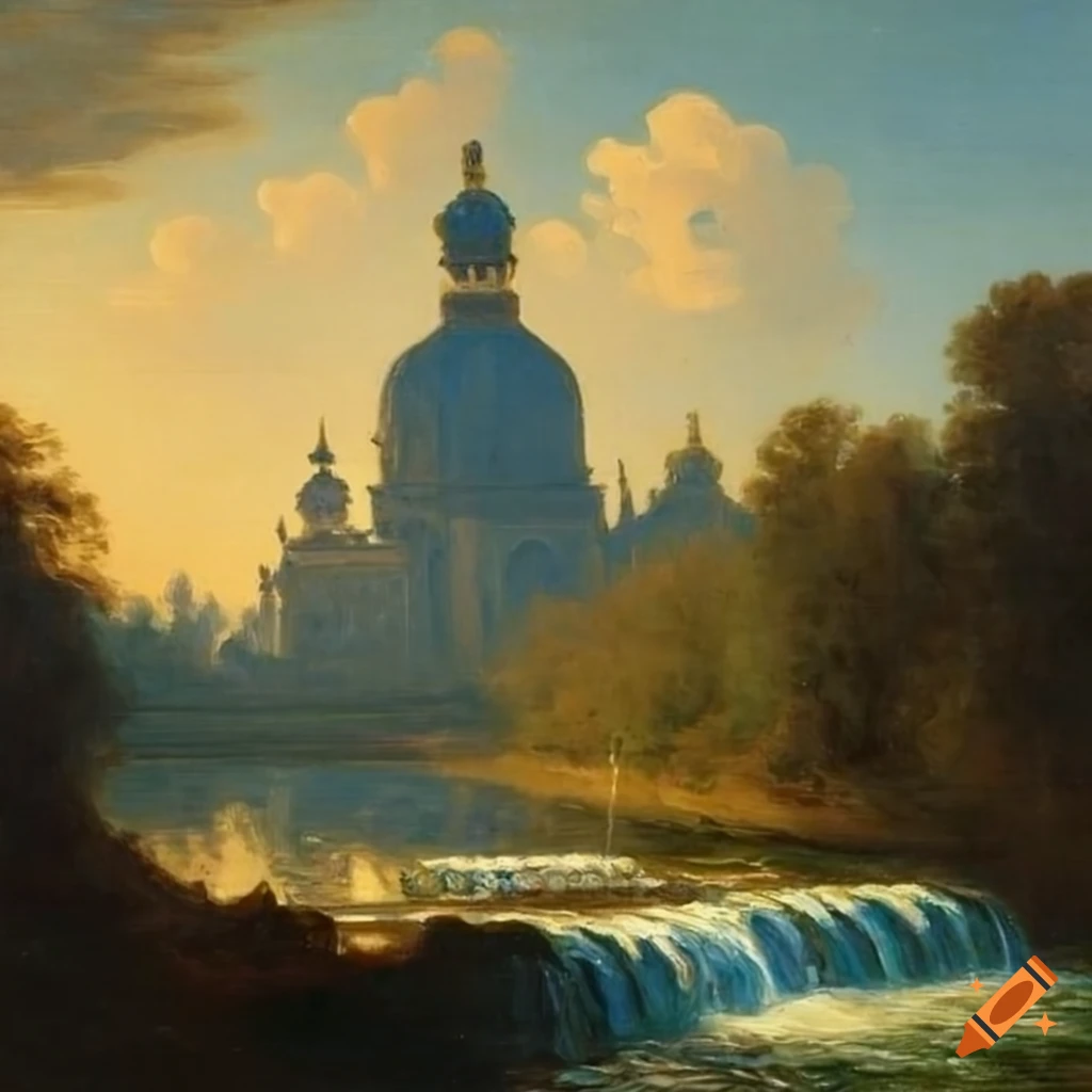 Painting of a neoclassical landscape with a house and running waters on ...
