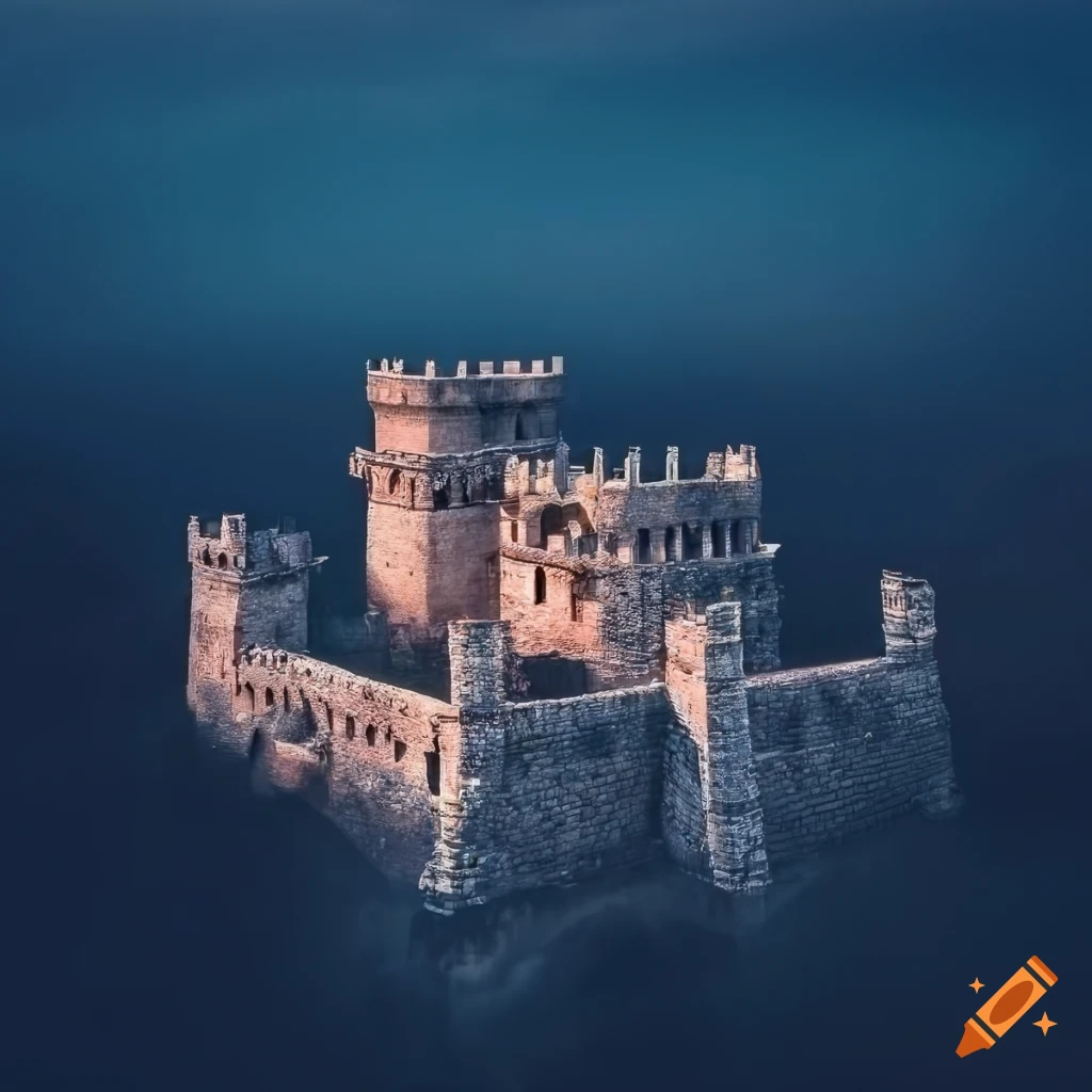 Aerial view of a stone castle with mayan-inspired towers on Craiyon
