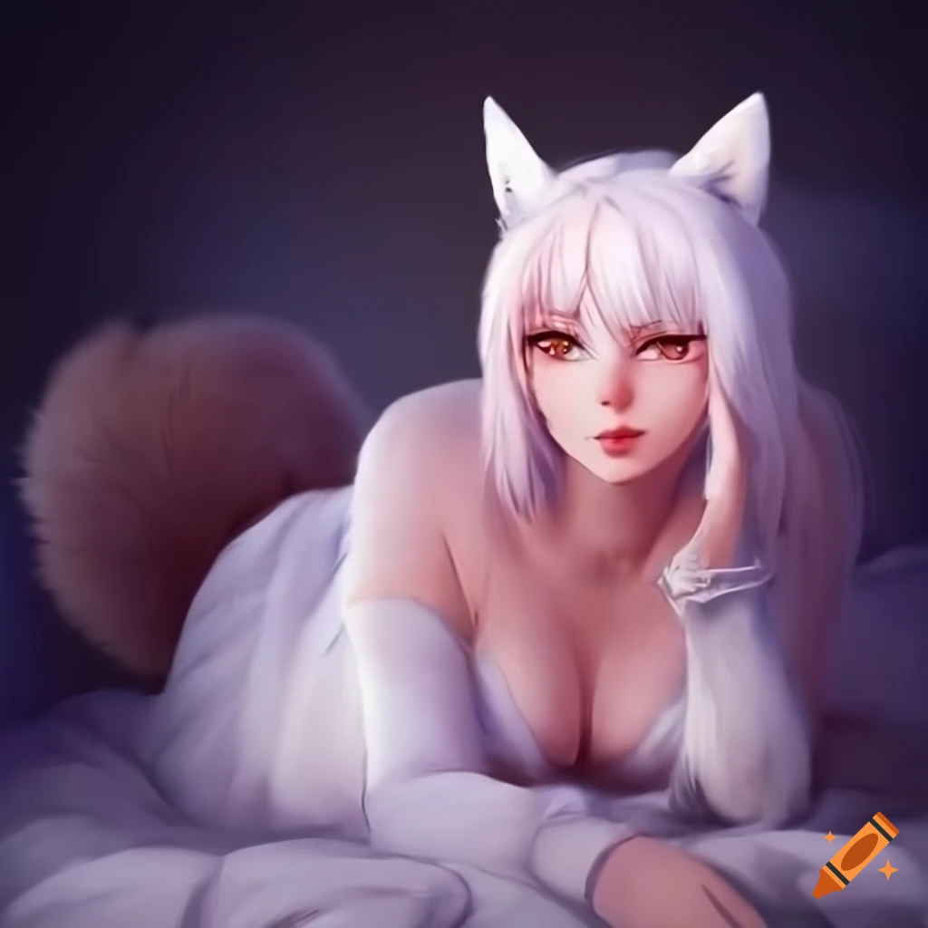 4k wallpaper of a cute fox woman on a bed on Craiyon