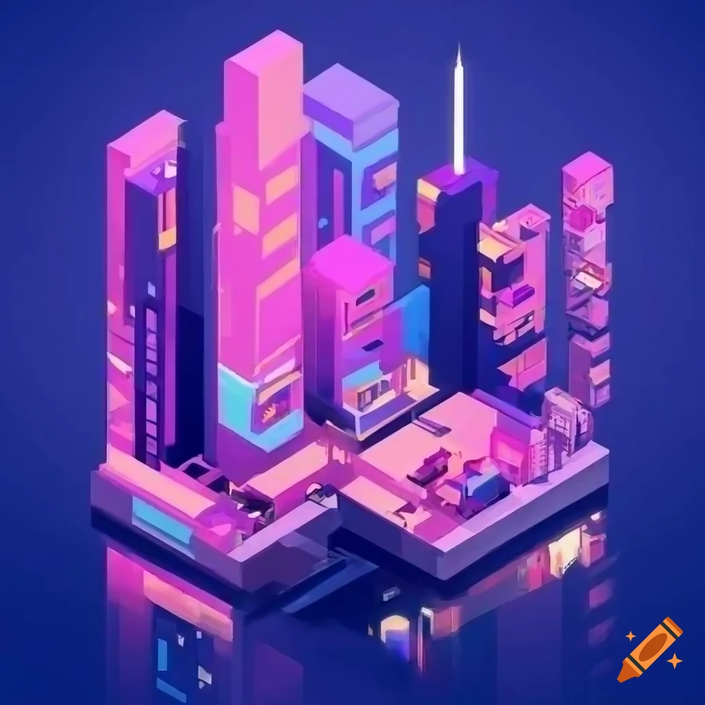 Isometric view of a cyberpunk city skyline at dusk on Craiyon