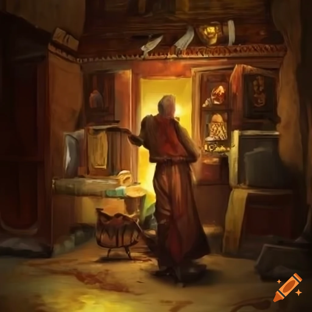 Yellow fantasy art of a merchant shop on Craiyon