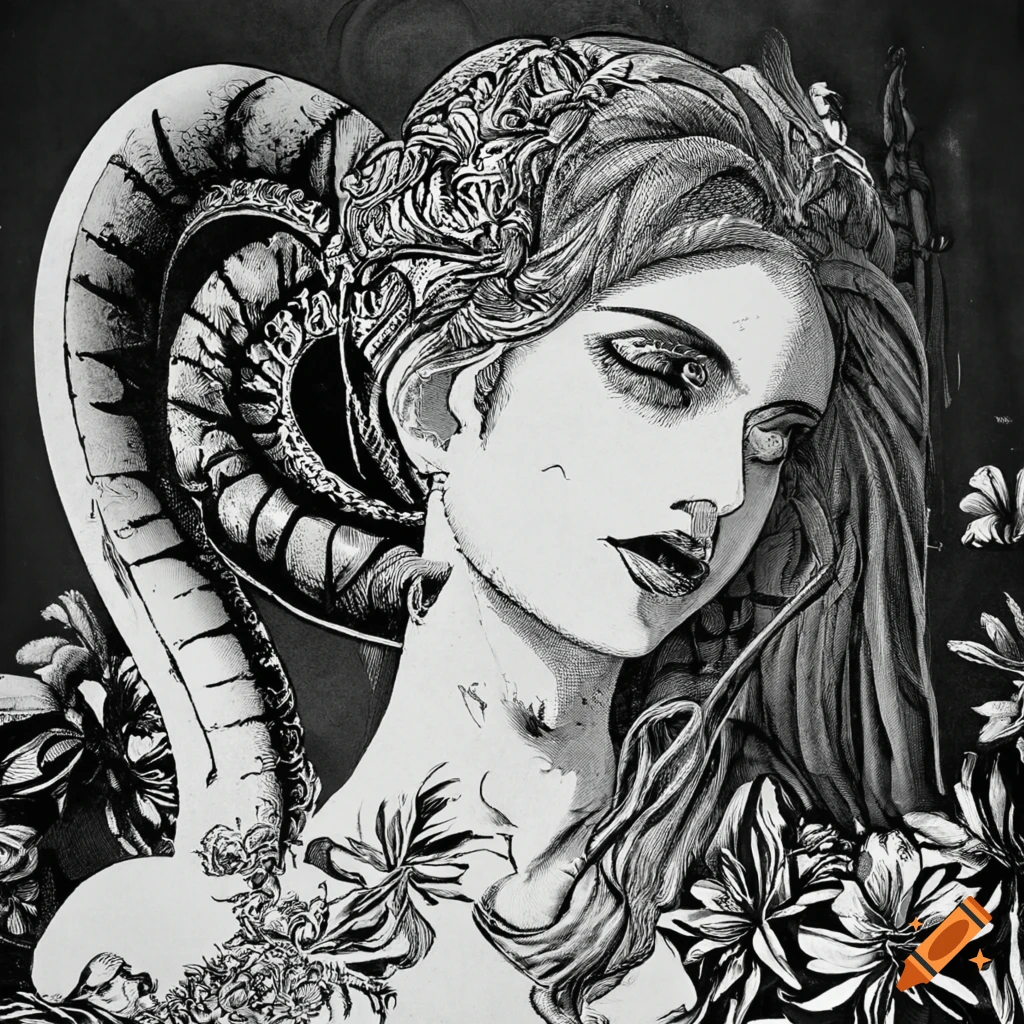Poster of greek goddess invidia with flowers and a snake