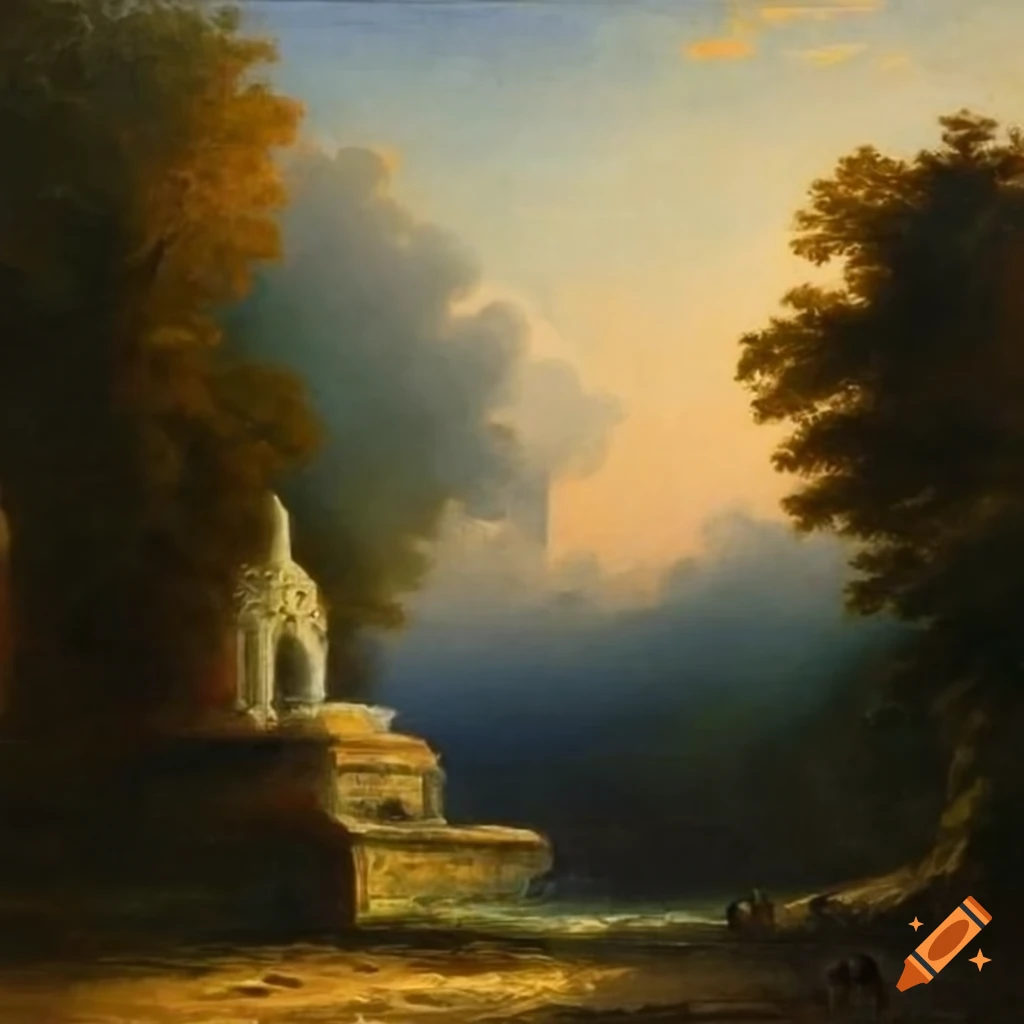 Neoclassical landscape painting with a house and running water