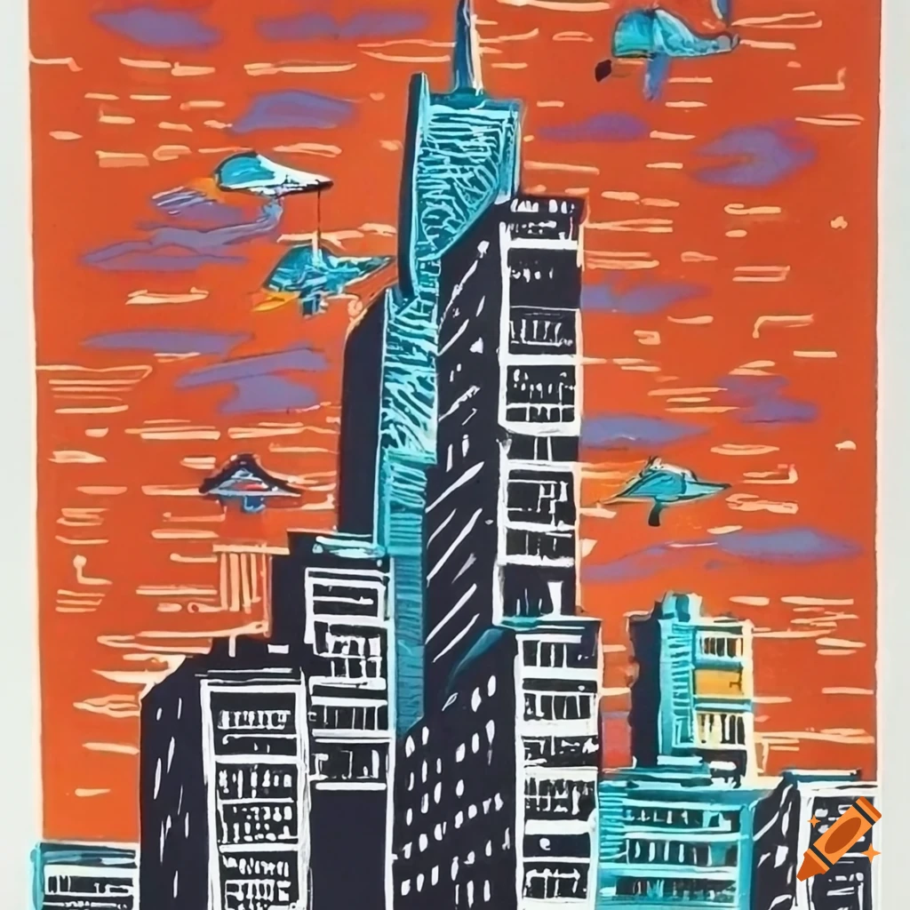 Lino print of colorful flying machines and skyscrapers on Craiyon