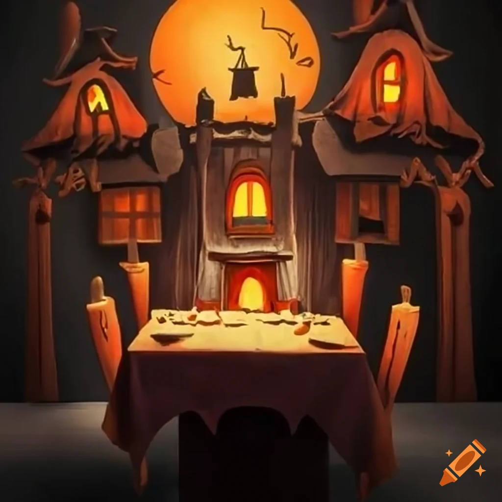 Spooky halloween house with a table on Craiyon