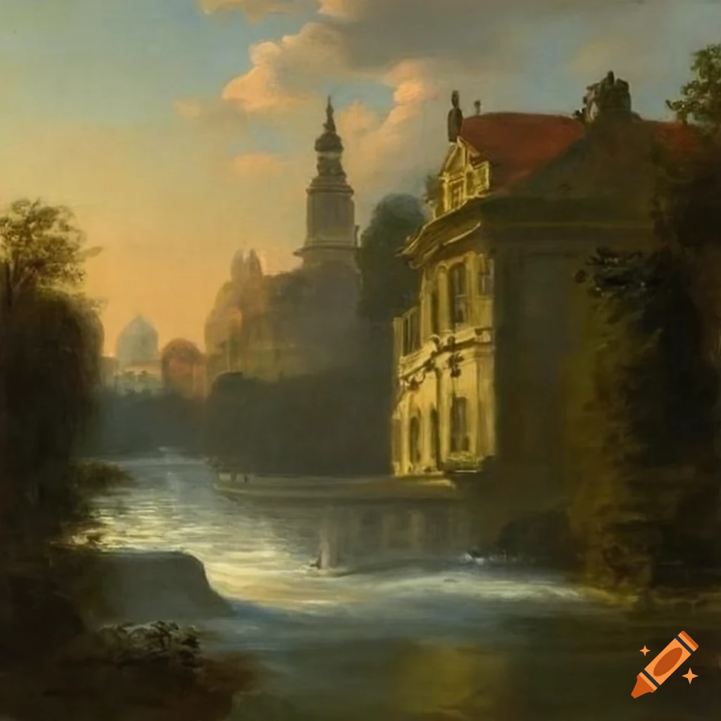 Neoclassical landscape painting with a house and running water on Craiyon