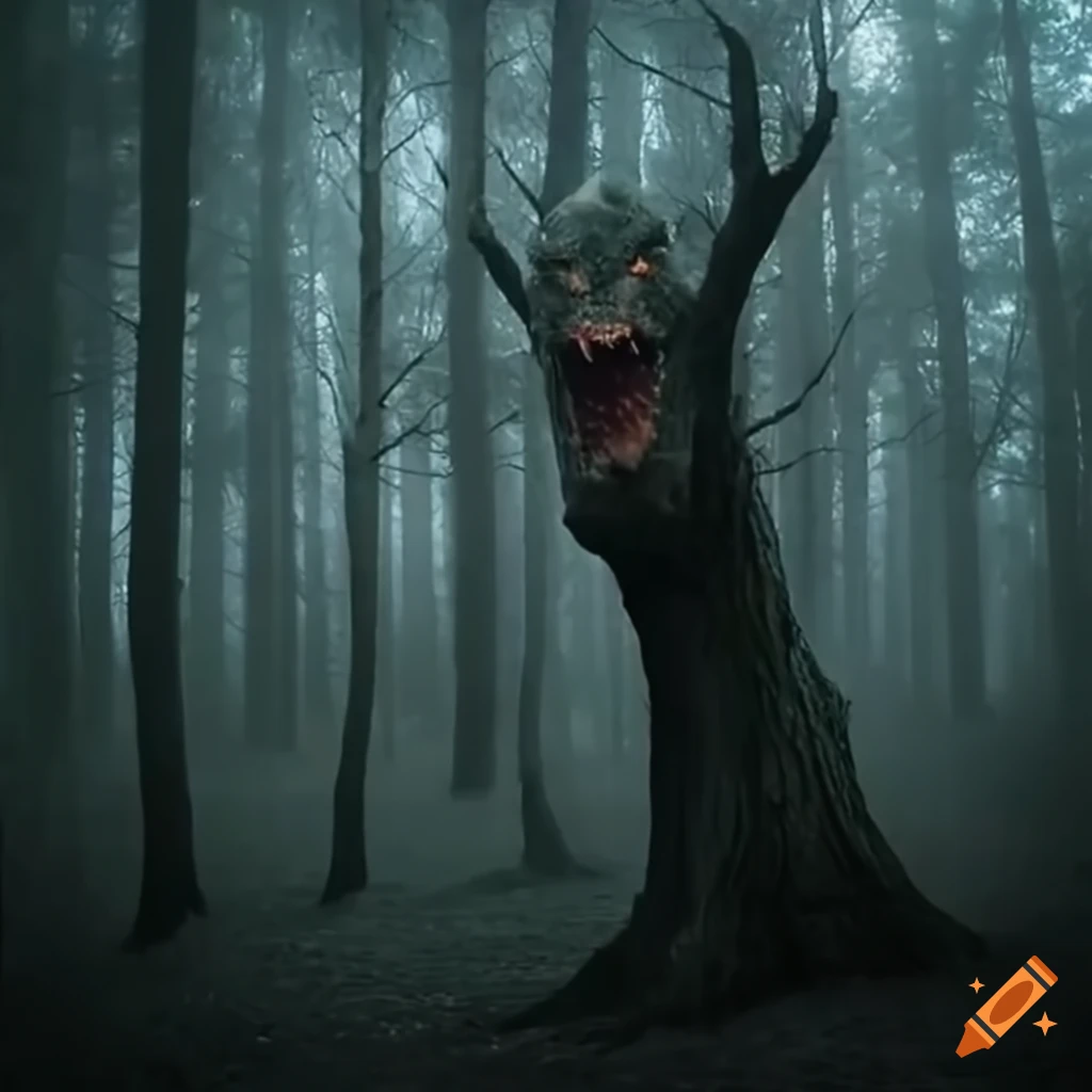 Sinister monster hiding in a foggy forest on Craiyon