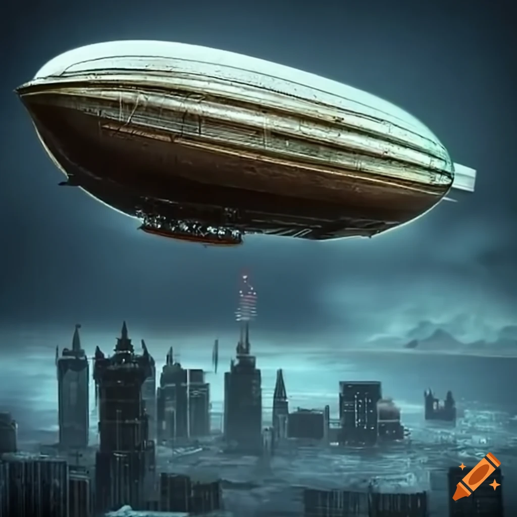 Image of a steampunk Zeppelin flying over a futuristic city on Craiyon