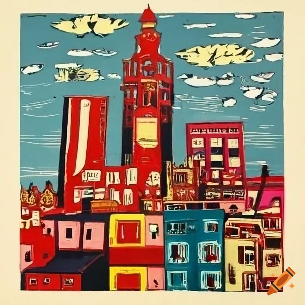 Colorful lino print of a 1950's comic cityscape with flying machines on ...