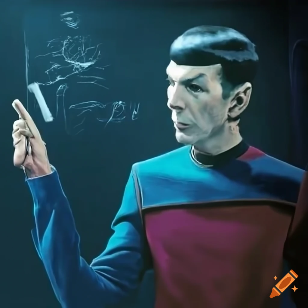 Dr. spock holding a chalk in front of a chalkboard on Craiyon