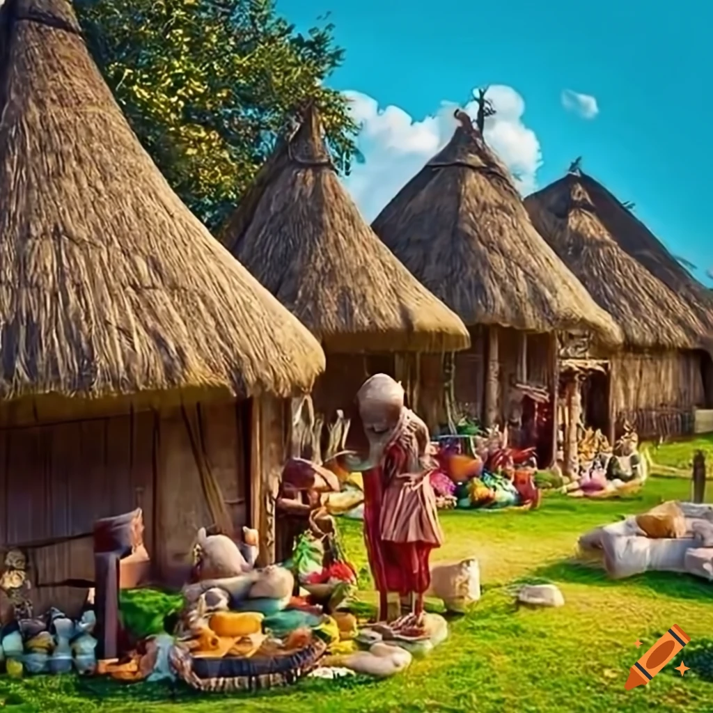 Village marketplace with lifelike statues on Craiyon