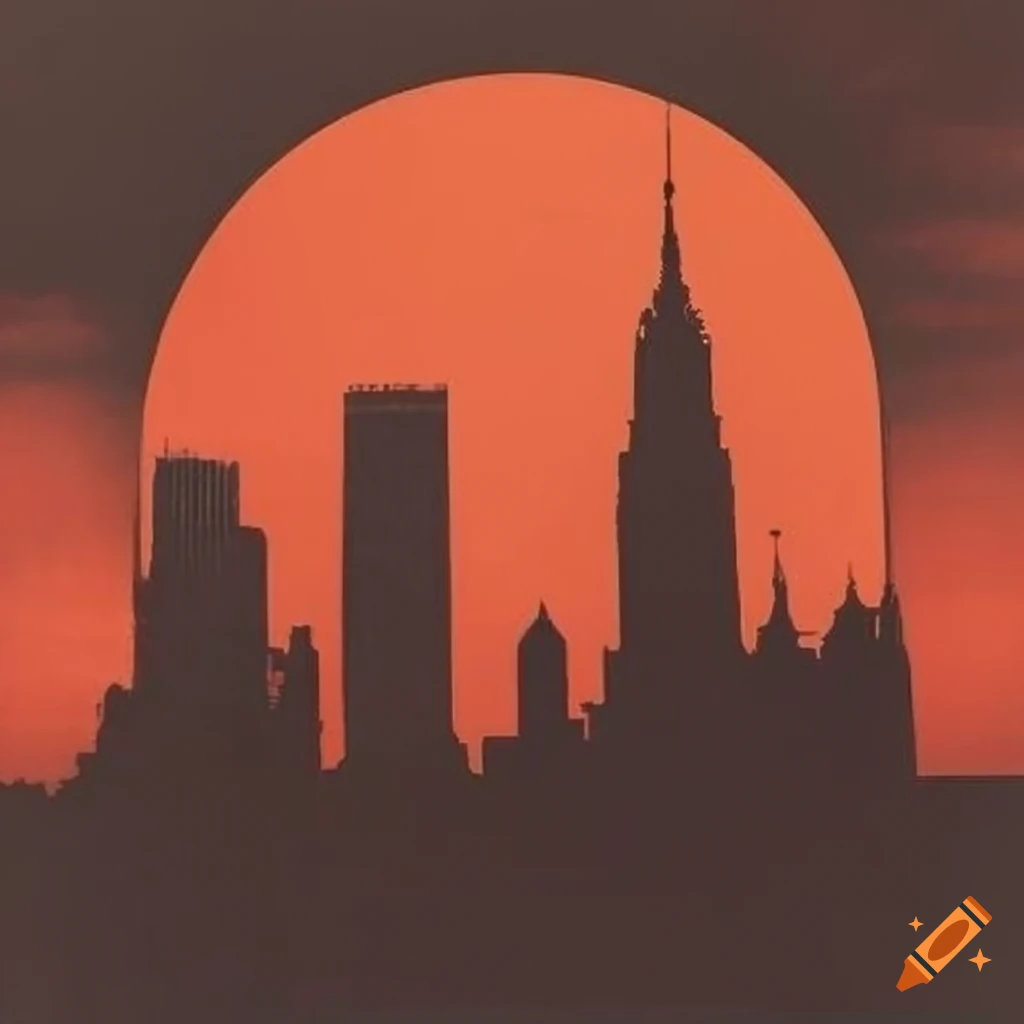 1920s art deco poster with silhouettes of New York buildings and a red ...