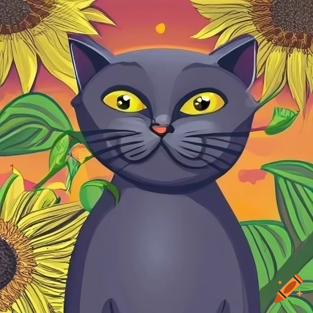 Cartoon art of a black cat with sunflowers