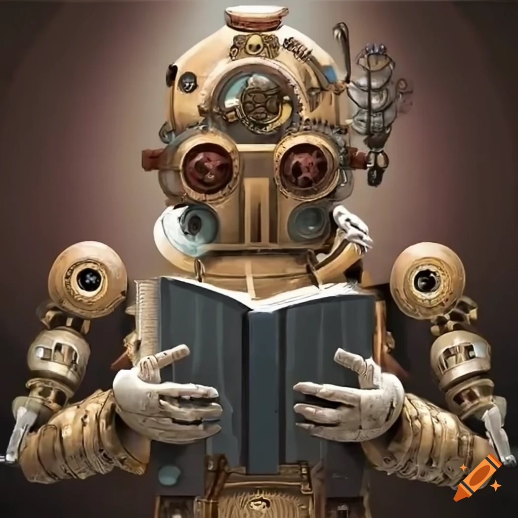 Steampunk robot reading a book on Craiyon