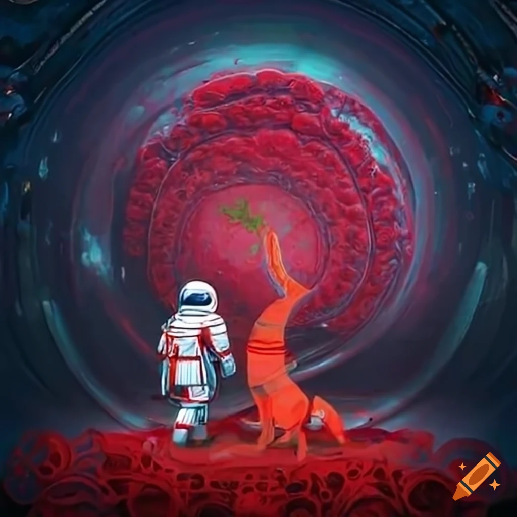Astronaut exploring an alien garden with a red plant-like dog on Craiyon