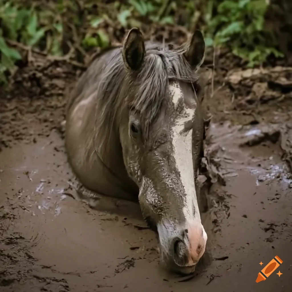 White horse enjoying mud bath in jungle on Craiyon