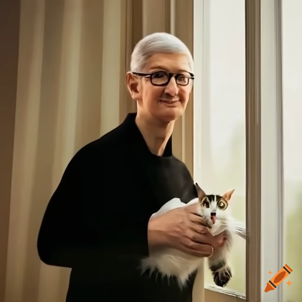 Tim cook holding a cat by the window on Craiyon