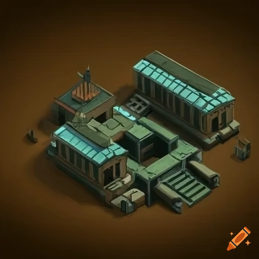 Isometric view of a large military training camp on Craiyon