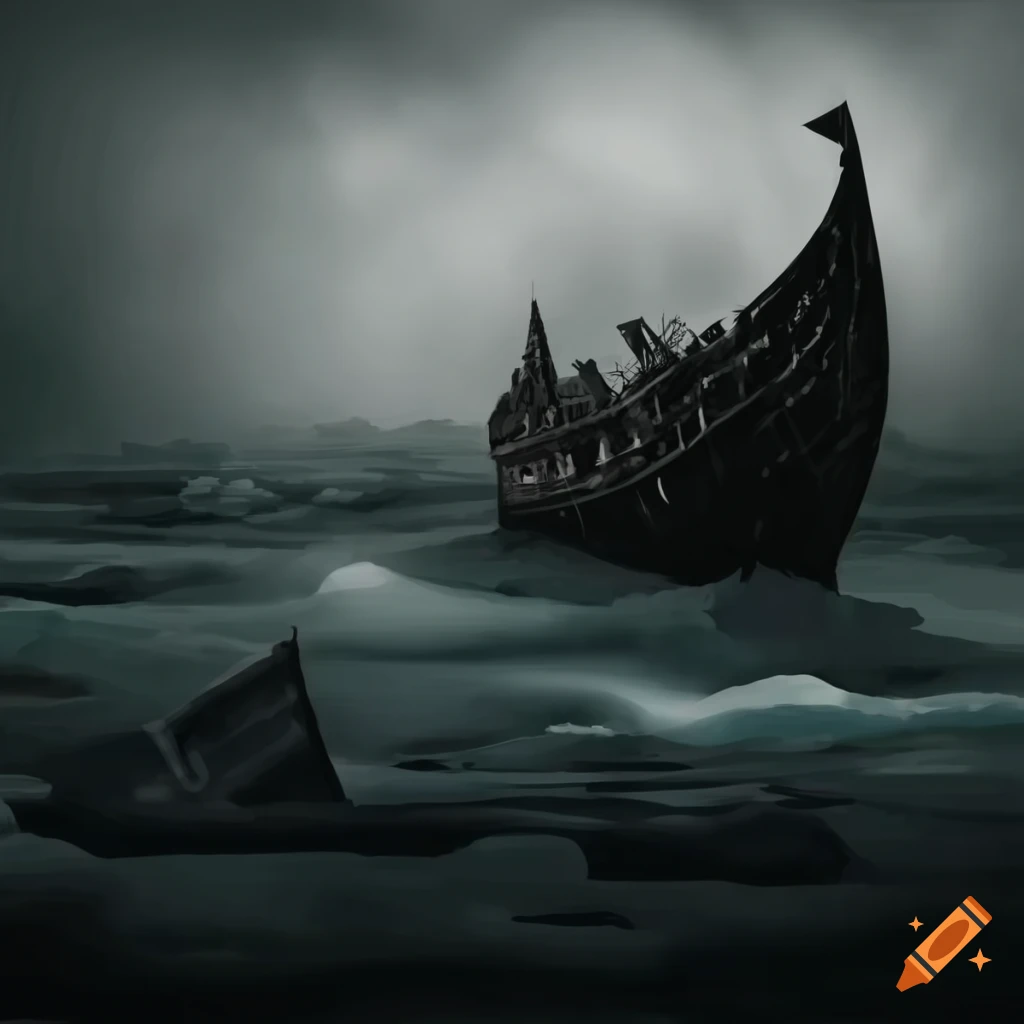 Black and white illustration of a viking ship wreckage on an island on ...